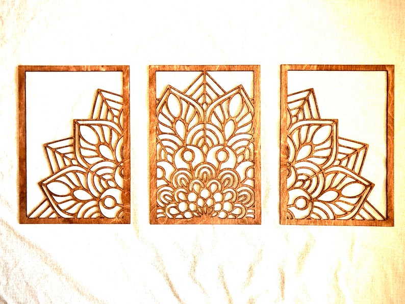 Half Round Flower Mandala Wood Wall Art 3 Panel in Natural or | Etsy