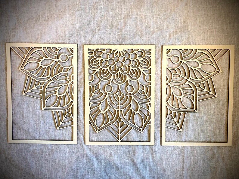 Half Round Flower Mandala Wood Wall Art 3 Panel in Natural or | Etsy