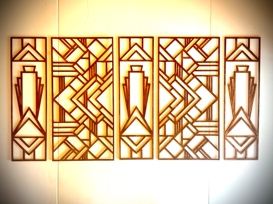 Boho Modern Frank Lloyd Wright-inspired Art Deco Geometry Wood Wall Art, 5 Panel in Multiple ...