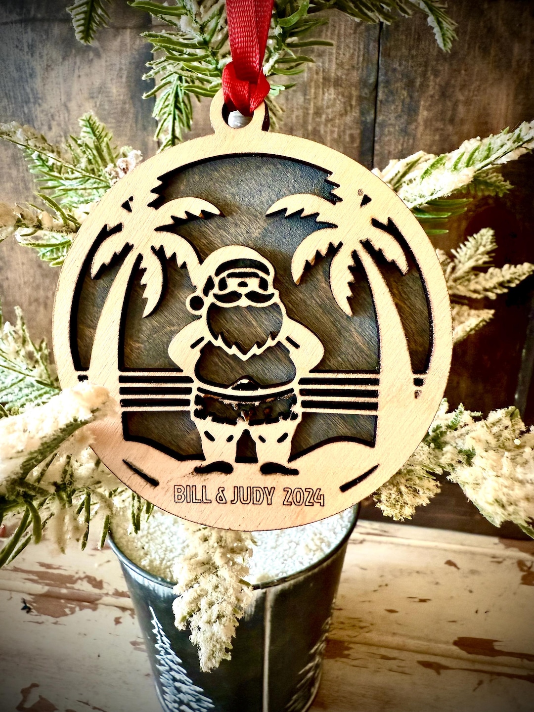 Beach Bum Santa Claus on Beach With Palms 2-layer Personalized Laser ...