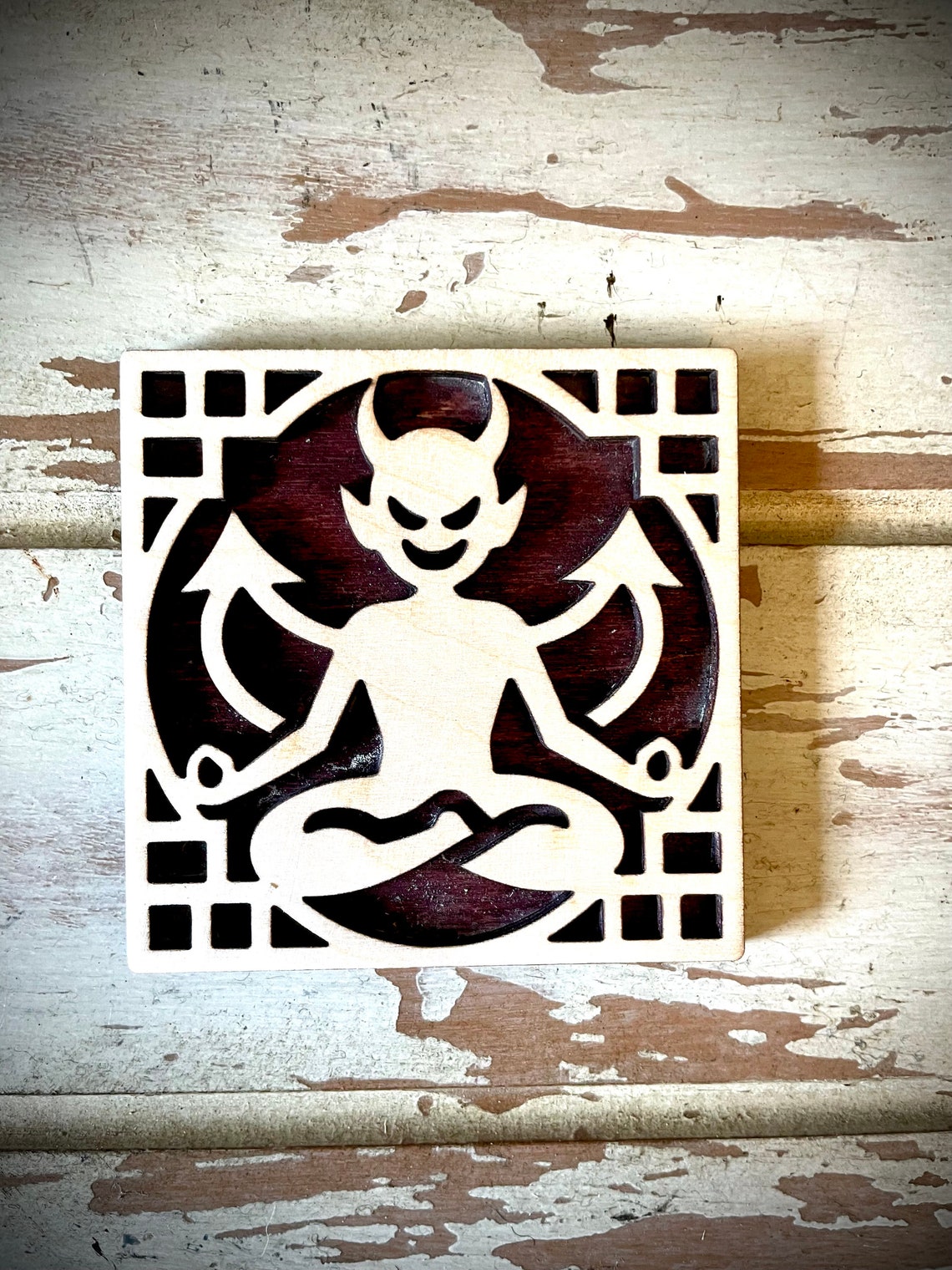 Boho Modern Art Deco Devil Doing Yoga Pose 2-layer Square Wood Art in ...