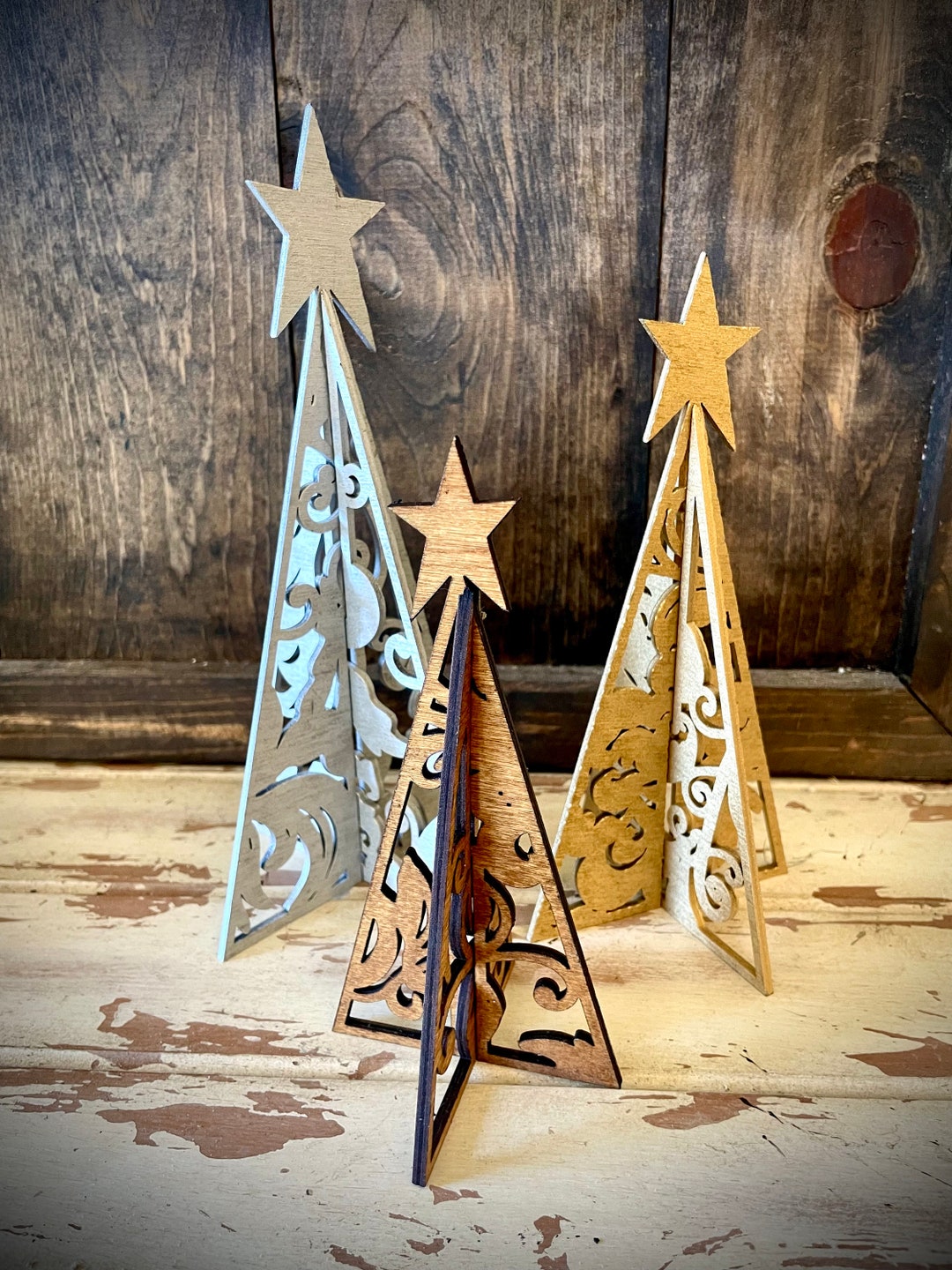 Intricate 3D Flourish Pine Tree With Star Wooden Tabletop Decor ...