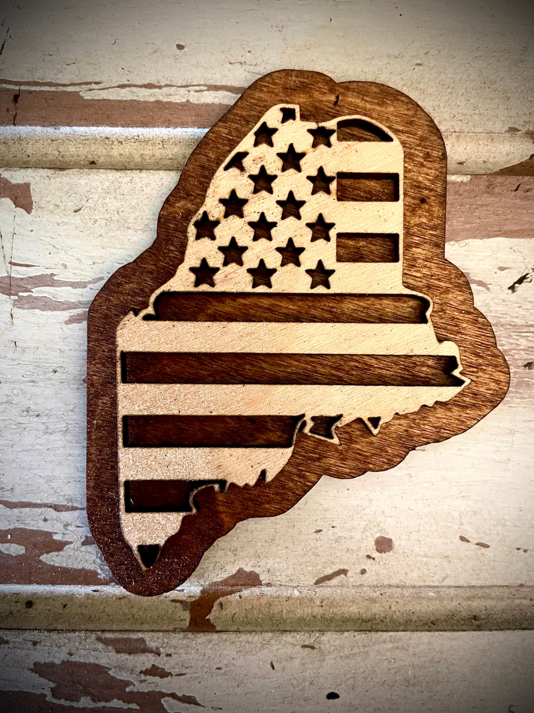 Maine US Flag 2-layer State Outline Wood Magnet Laser Cut Available ...