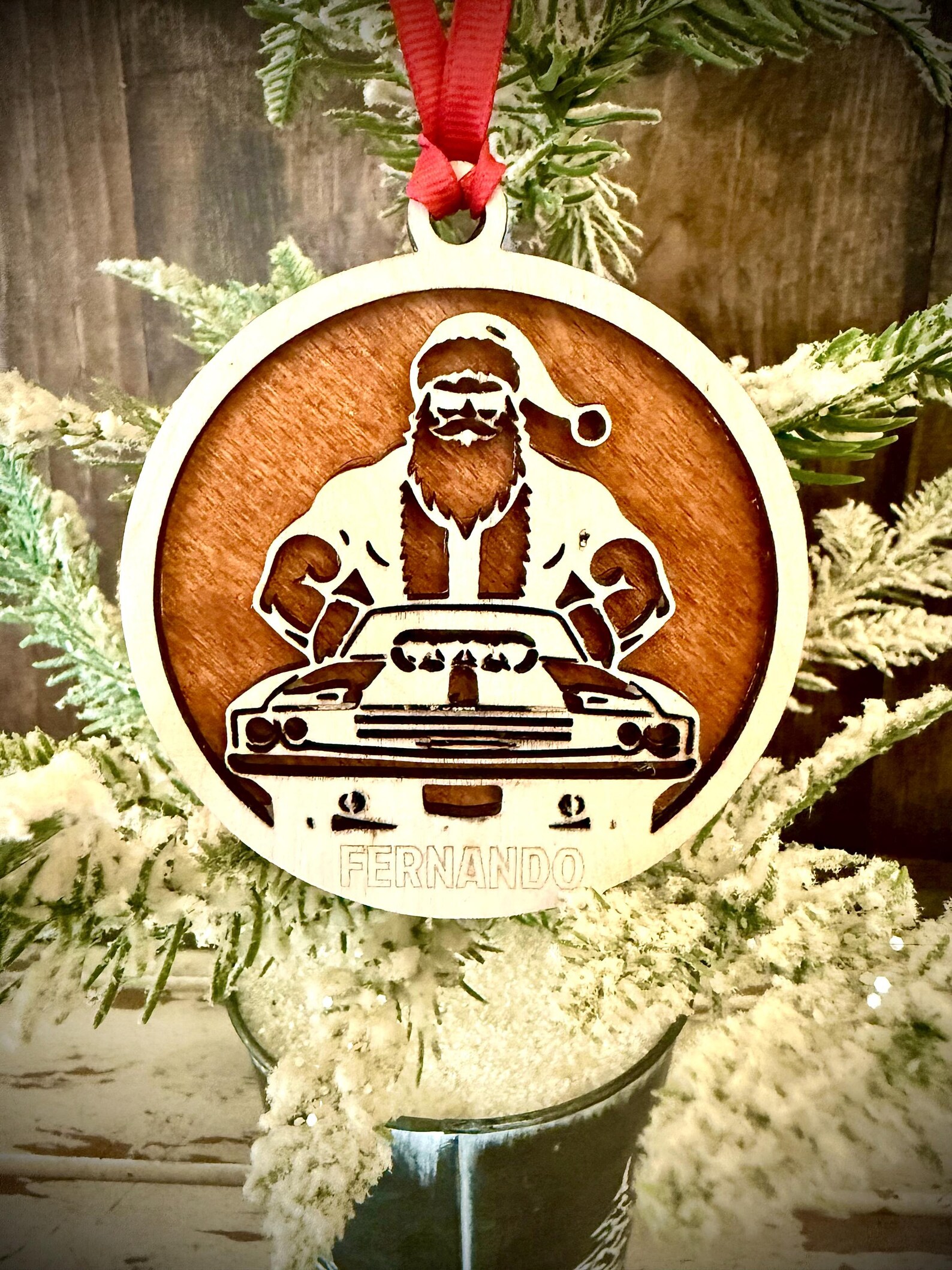 Santa With Muscle Car 2-layer Personalized Laser Cut Wood Christmas ...