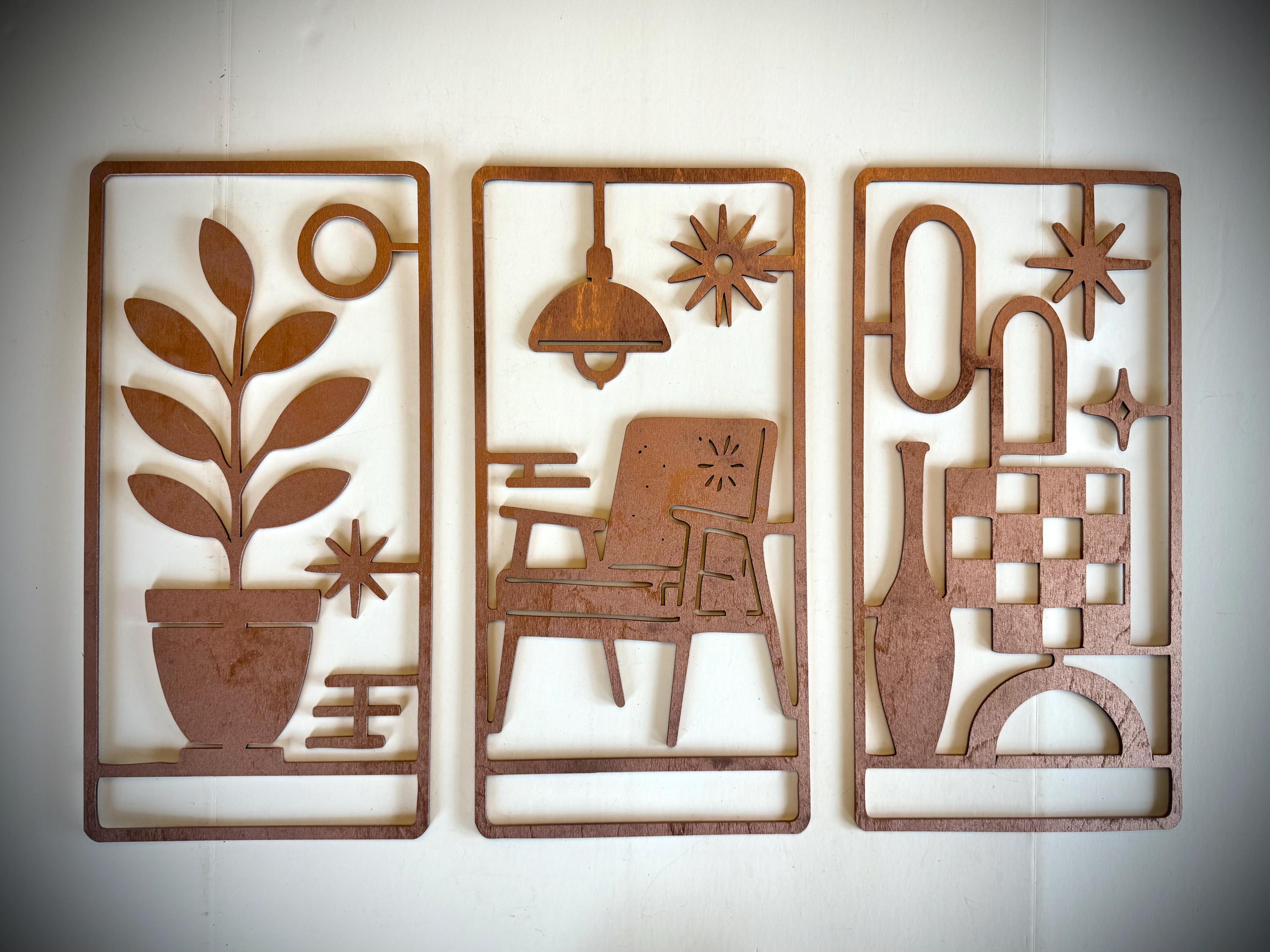 Mid Century Modern Still Life Wood Wall Art, 3 Panel in Multiple Sizes ...