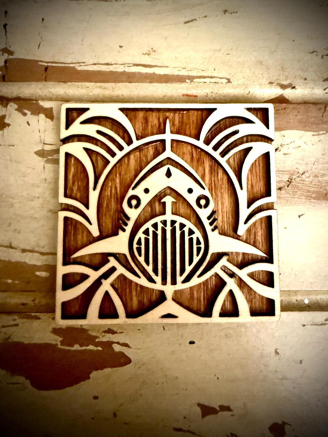 Boho Modern Art Deco Shark 2-layer Square Wood Art Magnet or in Larger ...