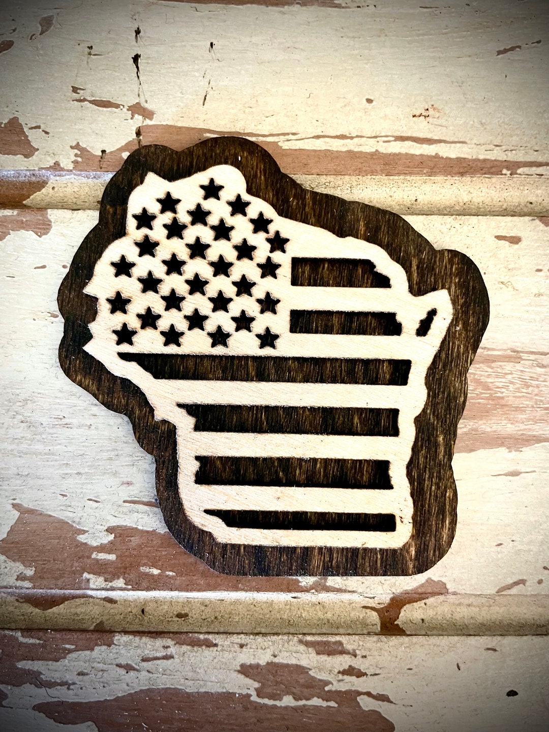 Wisconsin US Flag 2-layer State Outline Wood Magnet Laser Cut Available ...