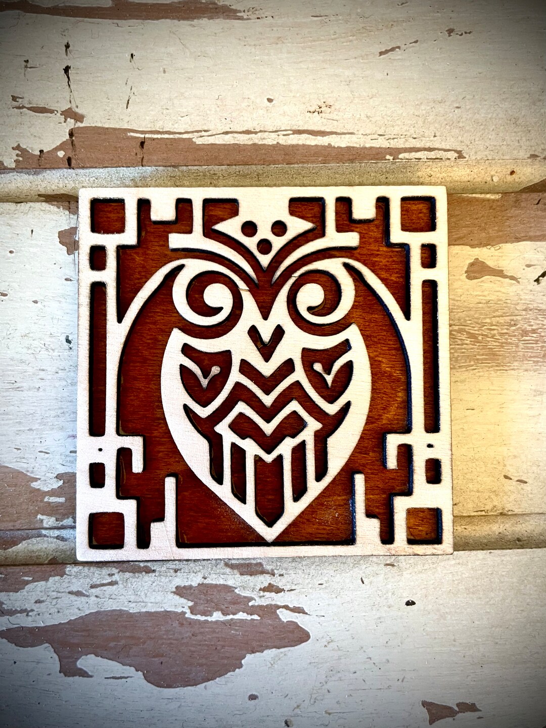 Boho Modern Art Deco Owl 2-layer Square Wood Art in Magnet or Larger ...
