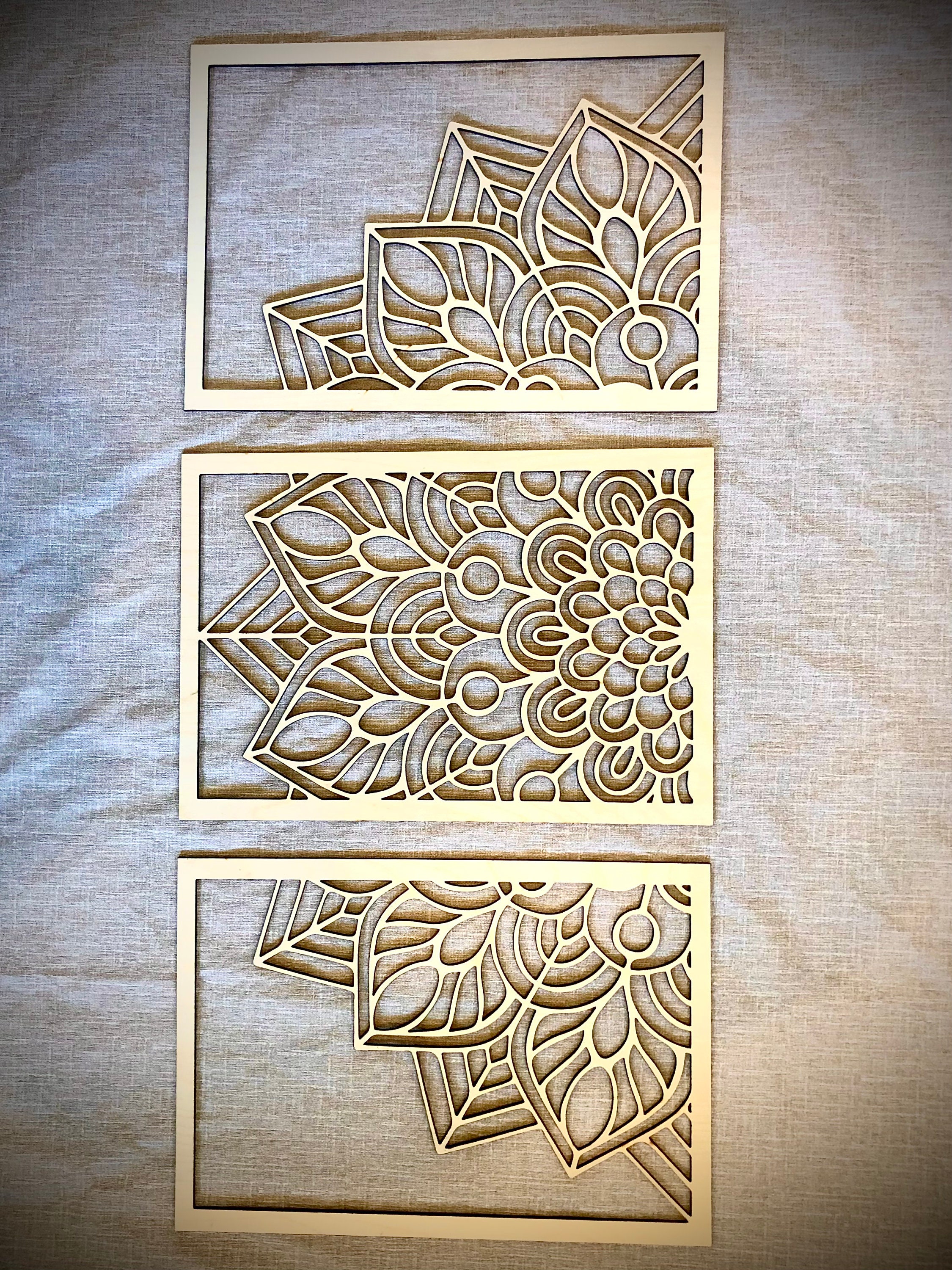 Half Round Flower Mandala wood wall art 3 panel in natural or | Etsy