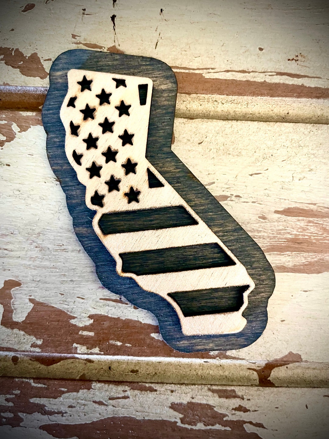 California US Flag 2-layer State Outline Wood Magnet Laser Cut ...