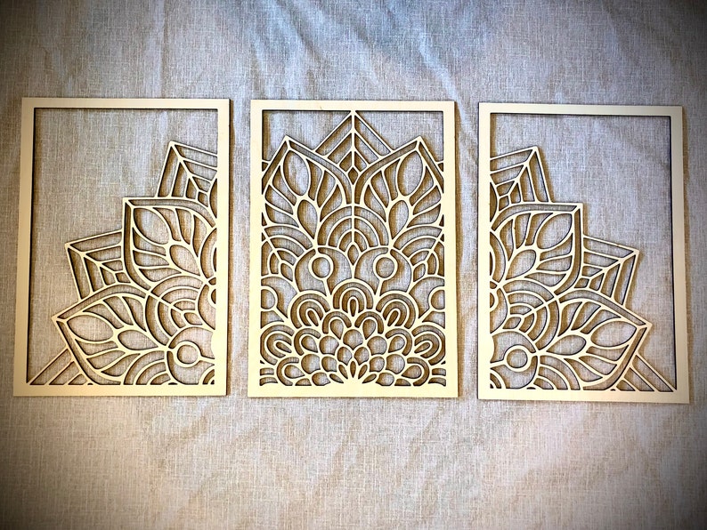 Half Round Flower Mandala Wood Wall Art 3 Panel in Natural or | Etsy