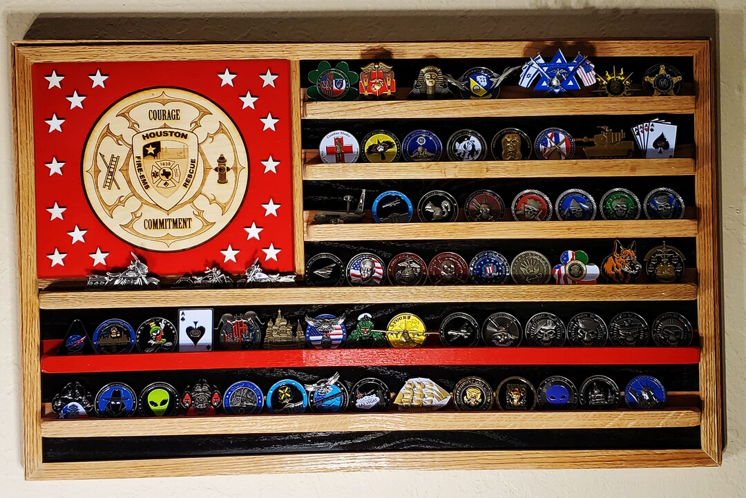 Houston Fire Department Challenge Coin Display: Oak & Birch Flag (36x20 ...
