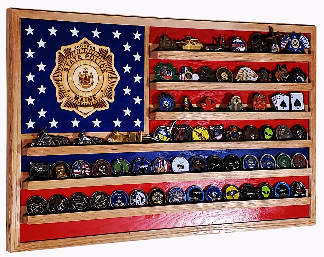 Maine State Trooper / Police Challenge Coin Display Flag 70-100 Coins ...