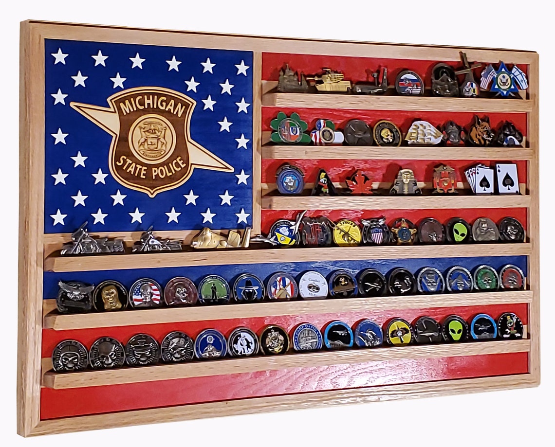 Michigan State Trooper / Police Challenge Coin Display Flag 70 Coins - Etsy