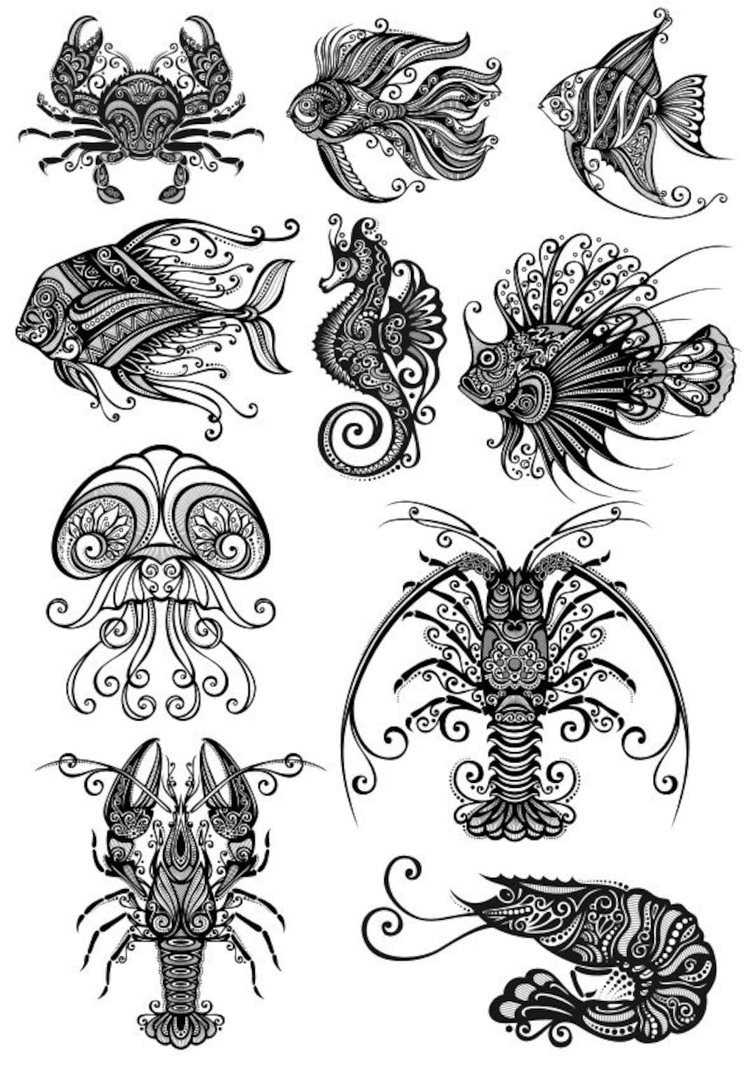 Ornament Sea Animals Vectors Set Design Vector T-shirt Print, Digital ...