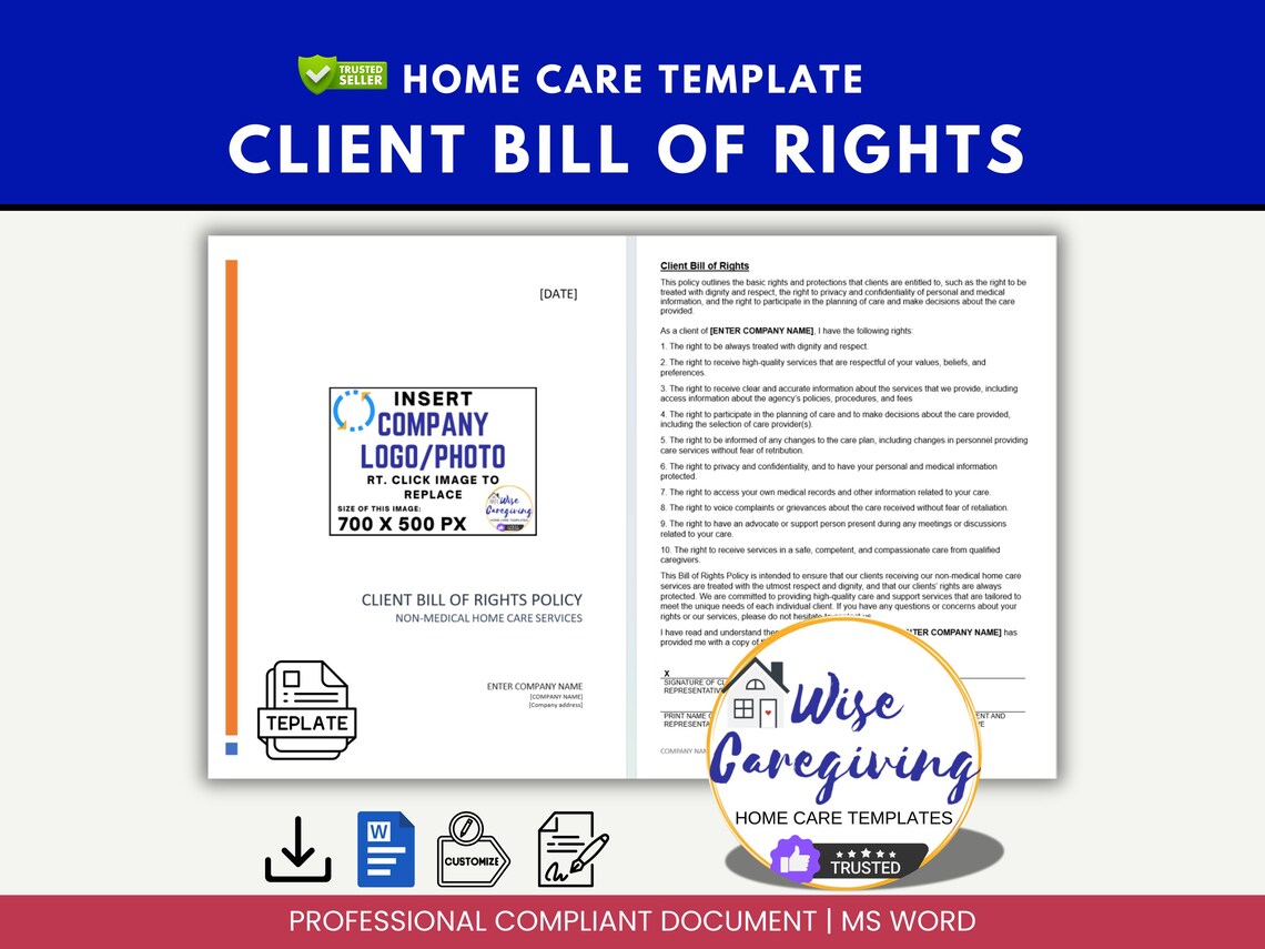 Home Care Client Bill of Rights Template: State Compliant, Editable (MS ...