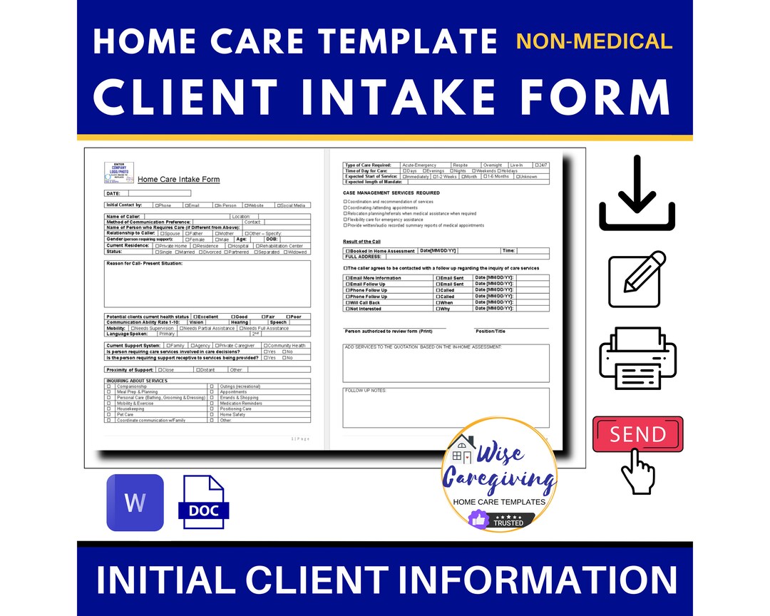 Home Care Intake Form, Non Medical Initial Assessment, Admission Form, Care Requirements ...