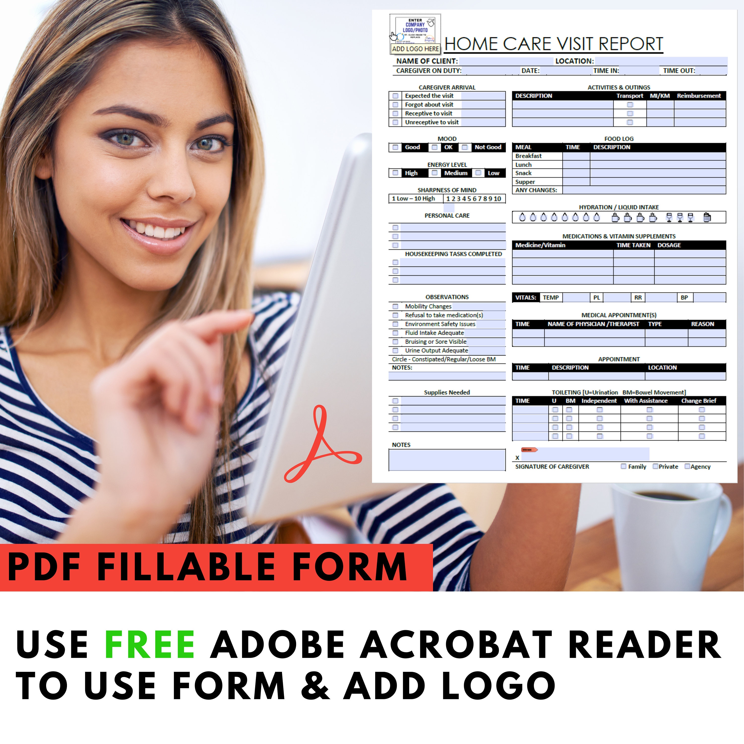 Home Care Business Visit Report Form Template, Daily Log, Caregiving ...