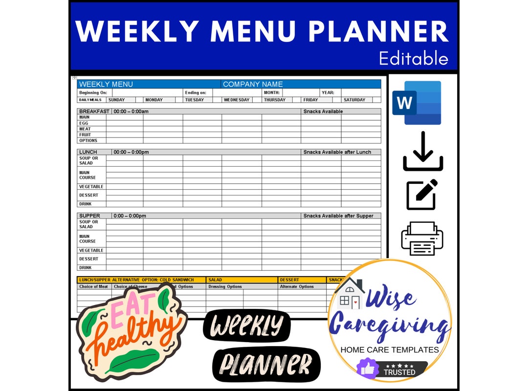Weekly Meal Planner, Home Care Template, Assisted Living Menu, Organize ...