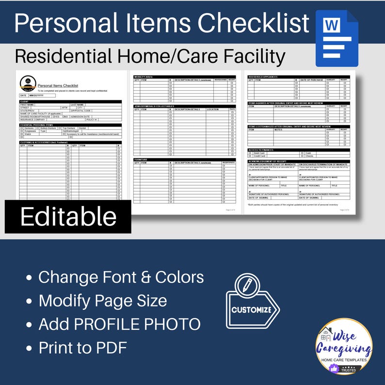 Personal Items Checklist Template: Care Admission | Client Belongings ...