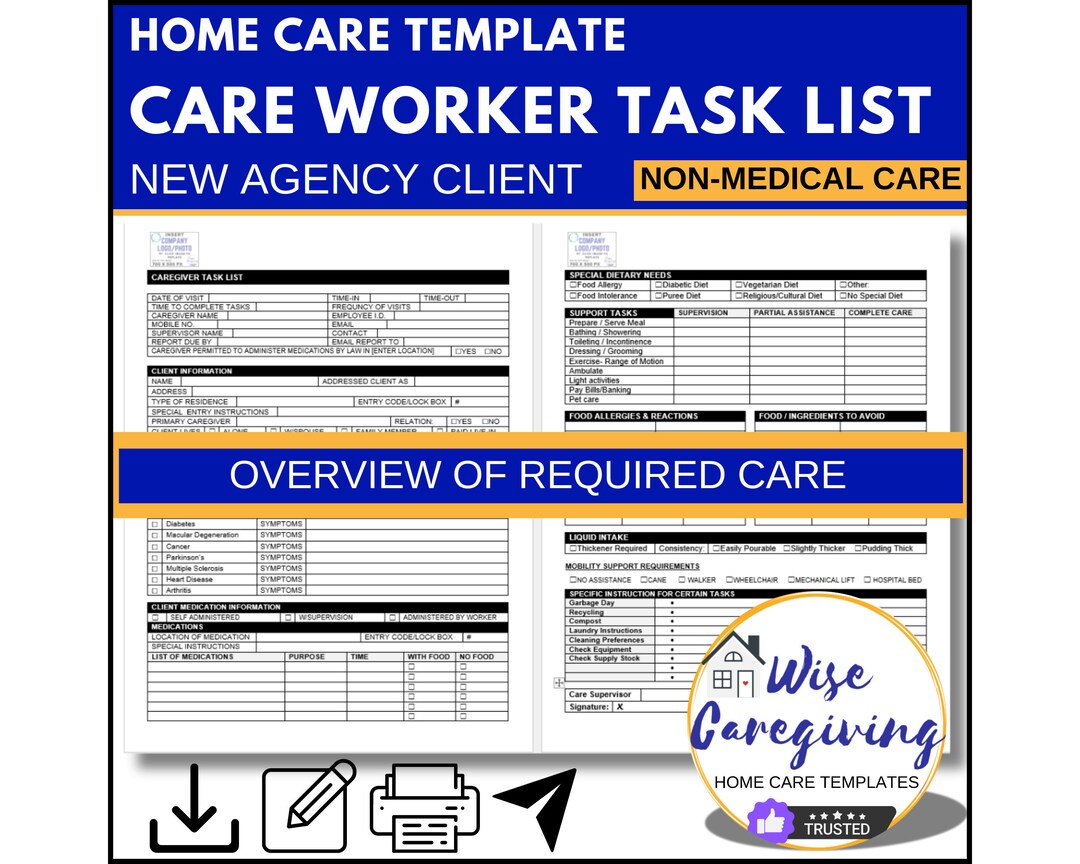 Home Care Caregiver Task List Template, Visiting a New Client Prepared ...