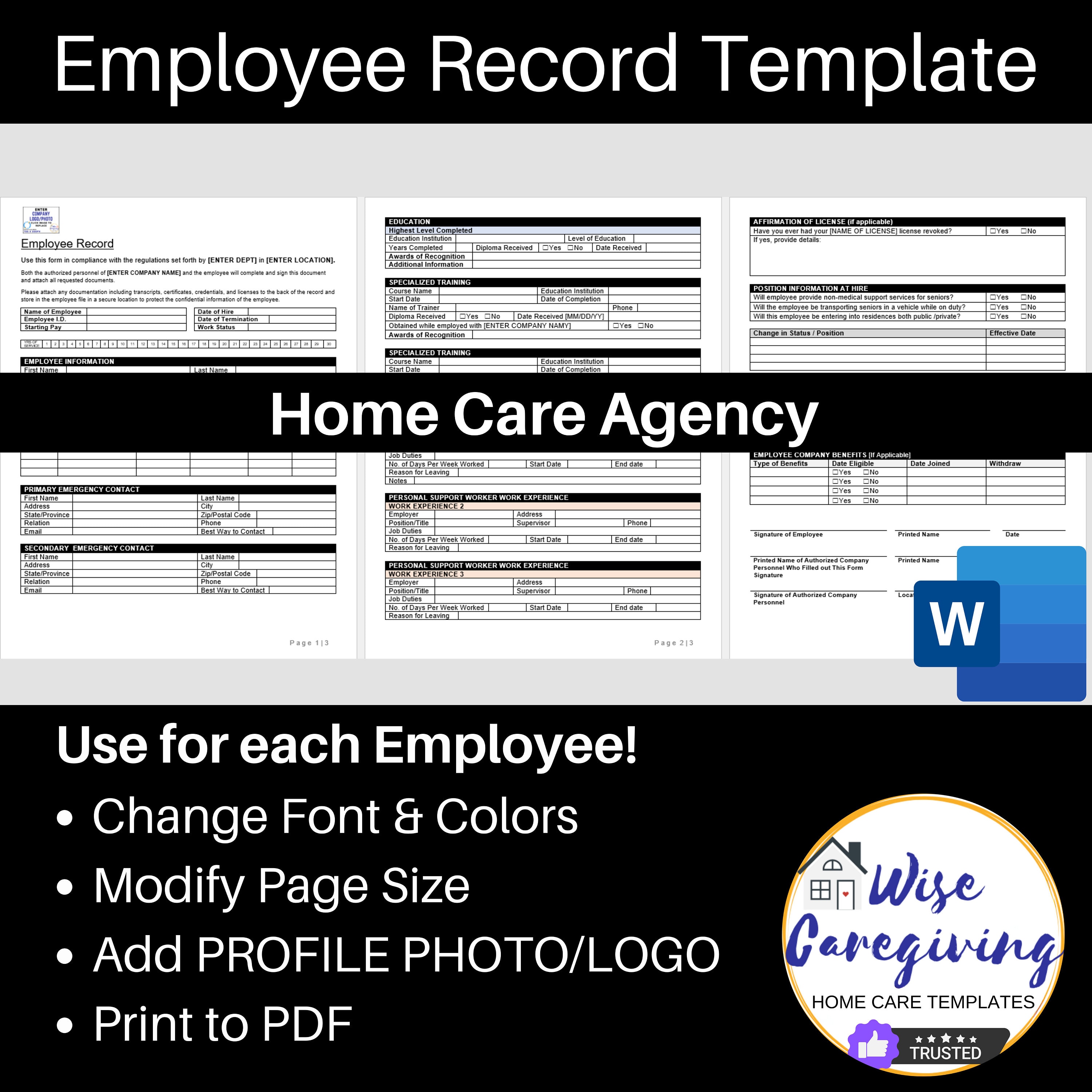Home Care Employee Record Template: Agency Staffing File (MS Word ...