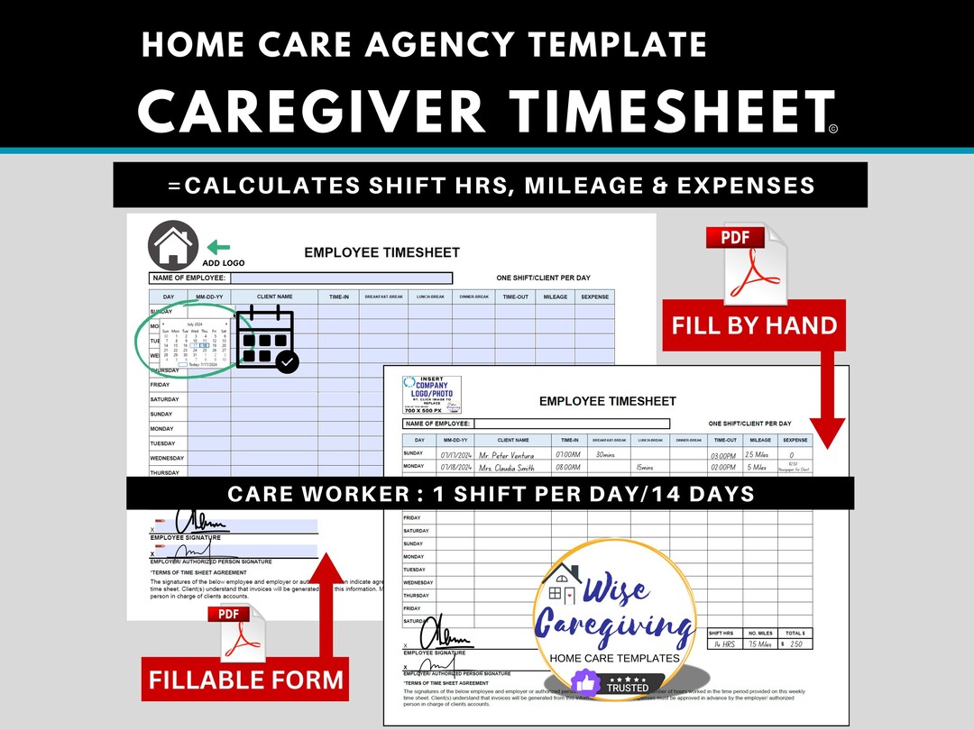 Caregiver Employee Timesheet Template, 14-day Shift Record, One Main ...