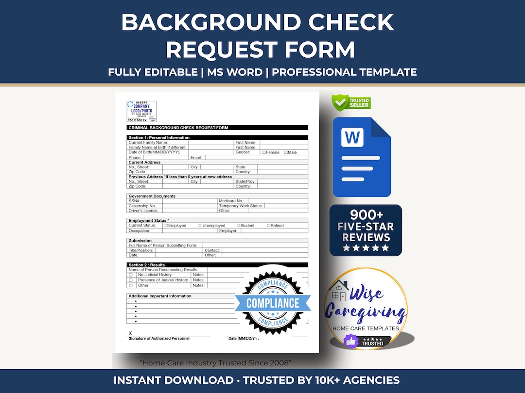 Background Check Request Form: Home Care Employee Template | MS Word ...