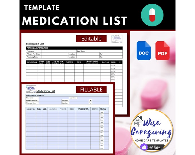 Medication List Editable and Printable Template, PDF, JPG & .DOCX ...