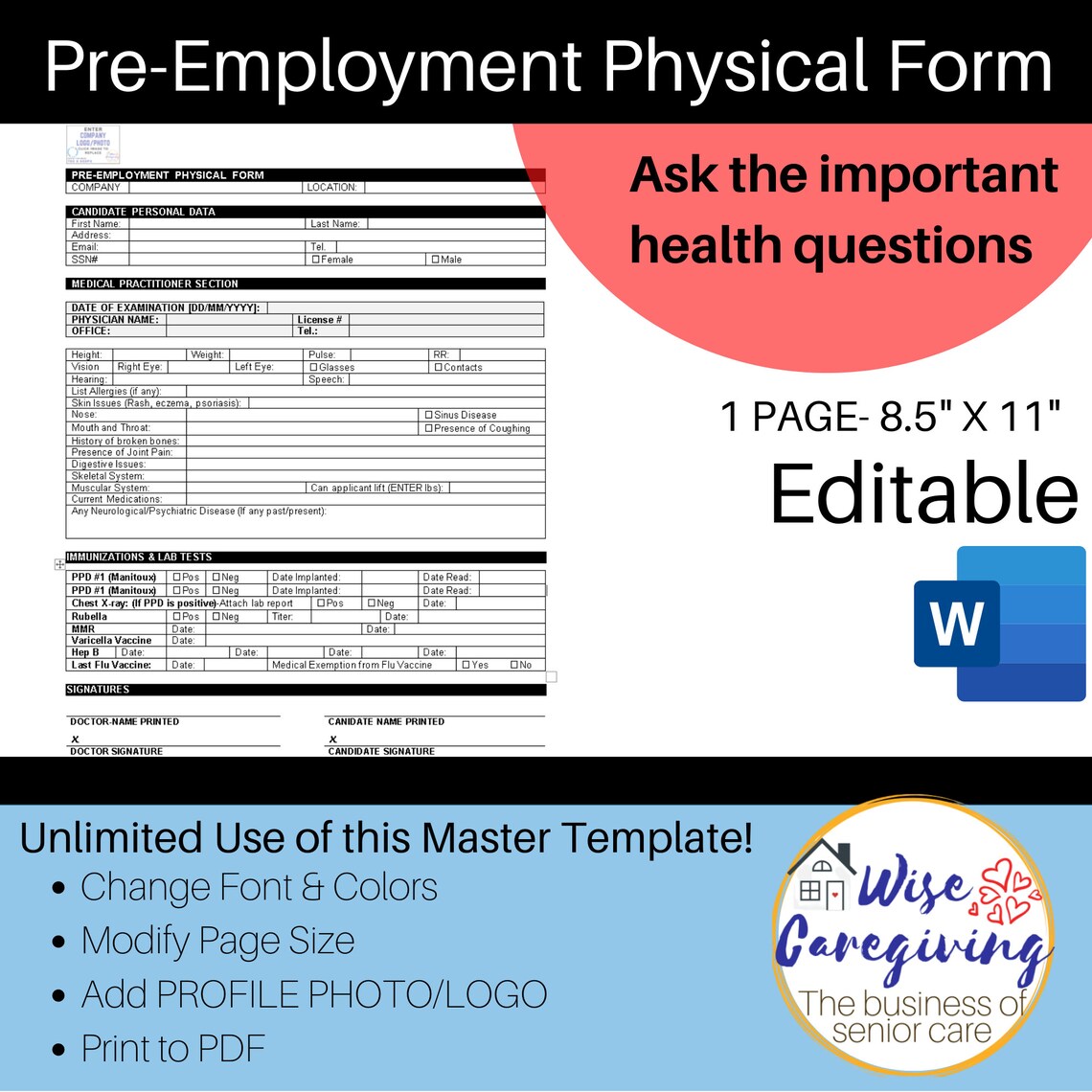 Home Care Pre Employment Physical Form Template Caregiver - Etsy