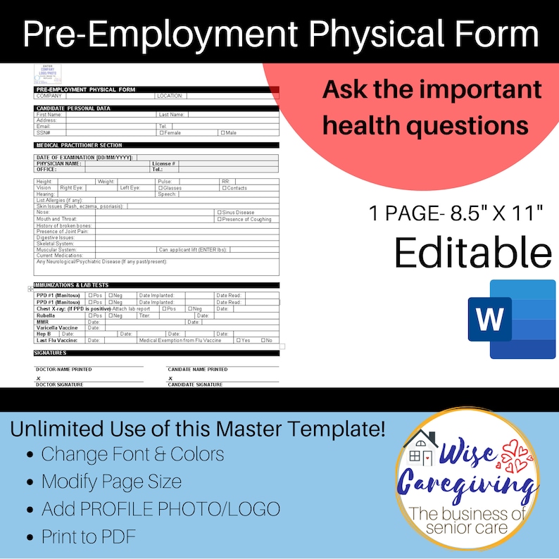 Home Care Pre Employment Physical Form Template Caregiver - Etsy