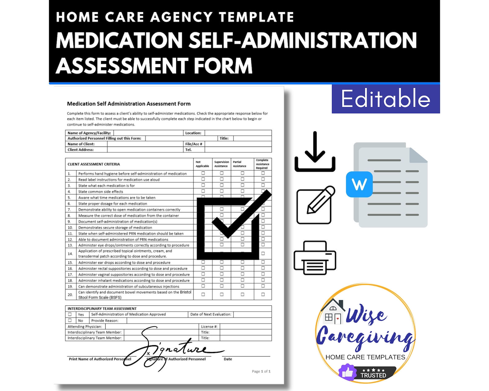 Medication Self-administration Assessment Form for Clients, Home Care Provider Template ...