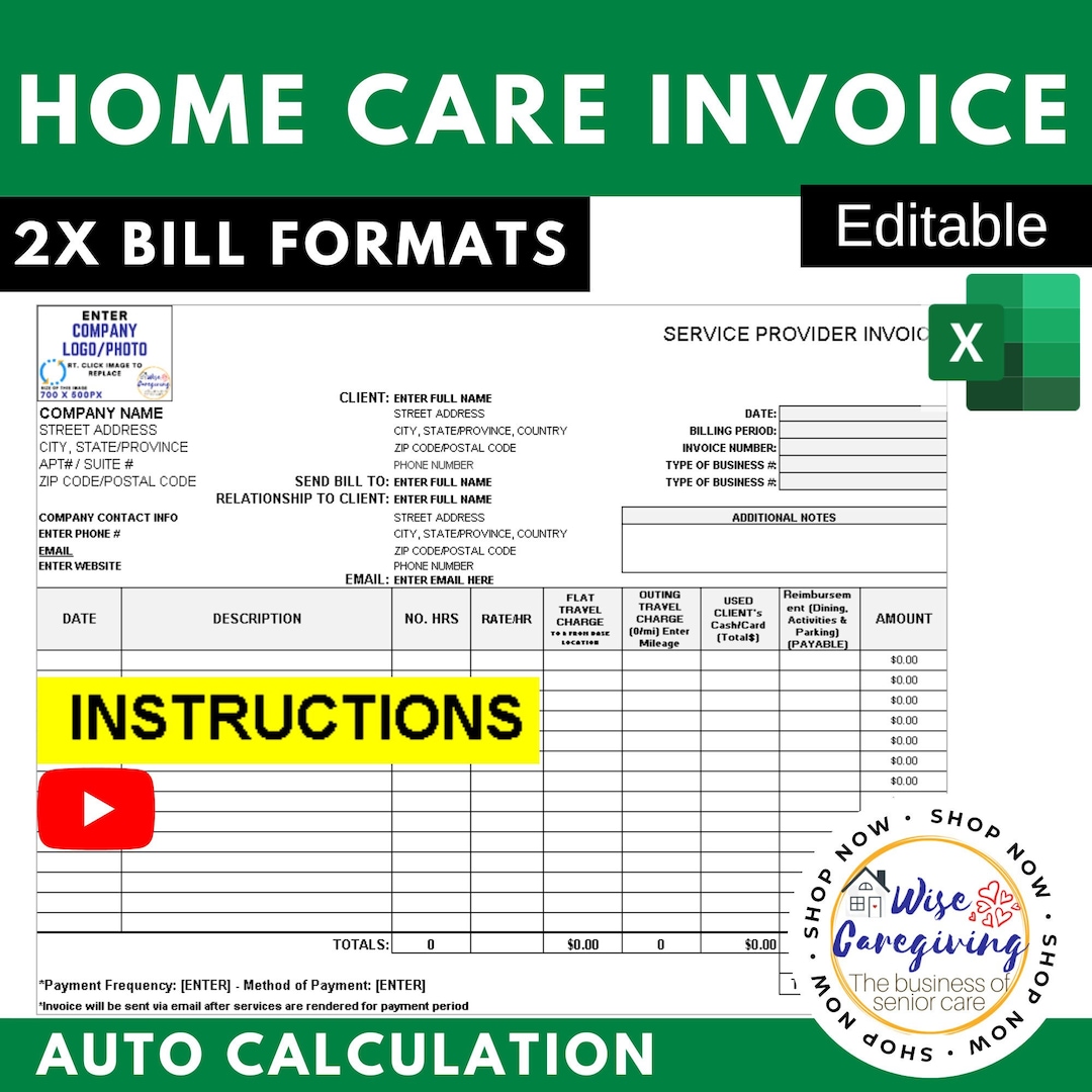 Home Care Business Invoice Template Caregiving Services Home - Etsy