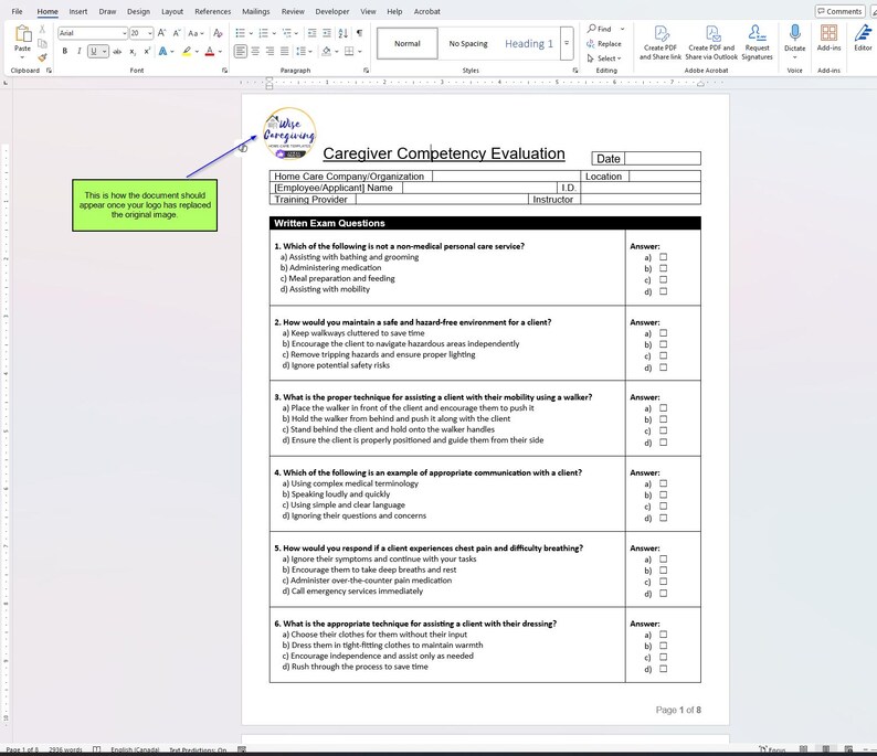 Caregiver Competency Exam Template: Non Medical Home Care Employee ...