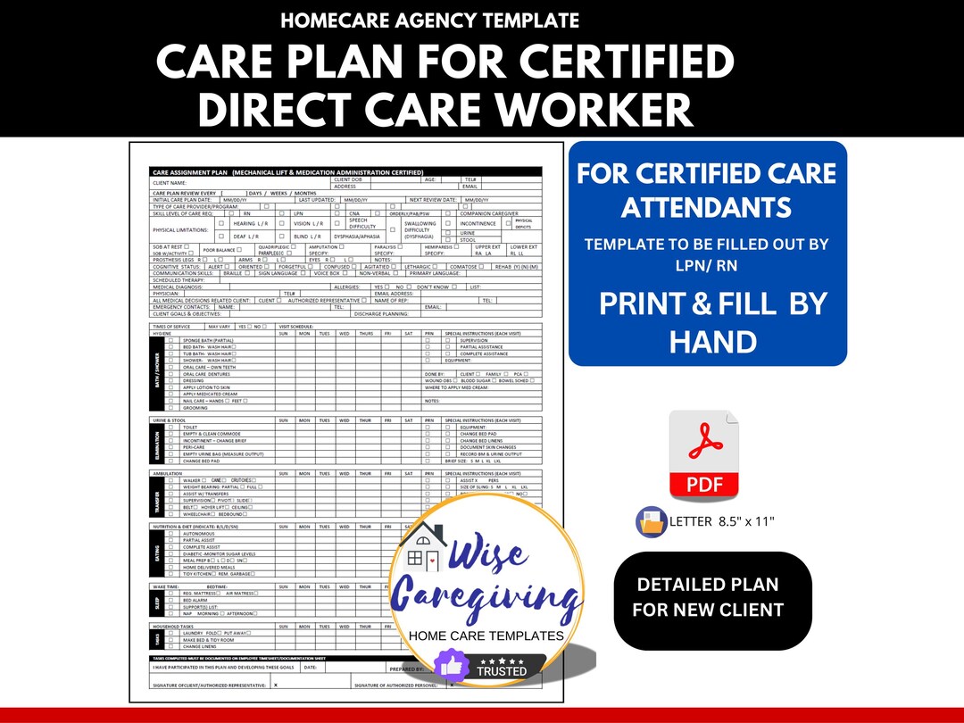 Home Care Plan for CNA, Certified Care Worker Tasks, ADL Assessment ...
