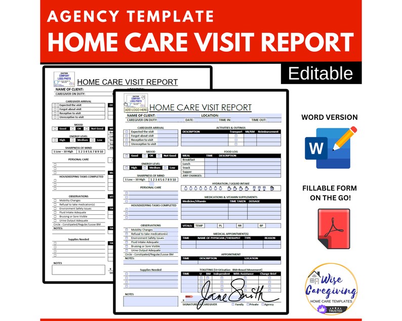 Home Care Business Visit Report Form Template, Daily Log, Caregiving ...
