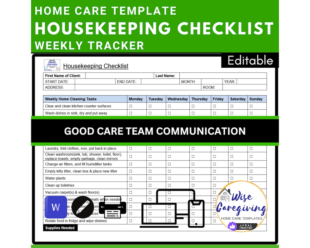 Home Care Housekeeping Checklist Template: Editable Cleaning Chart (MS ...