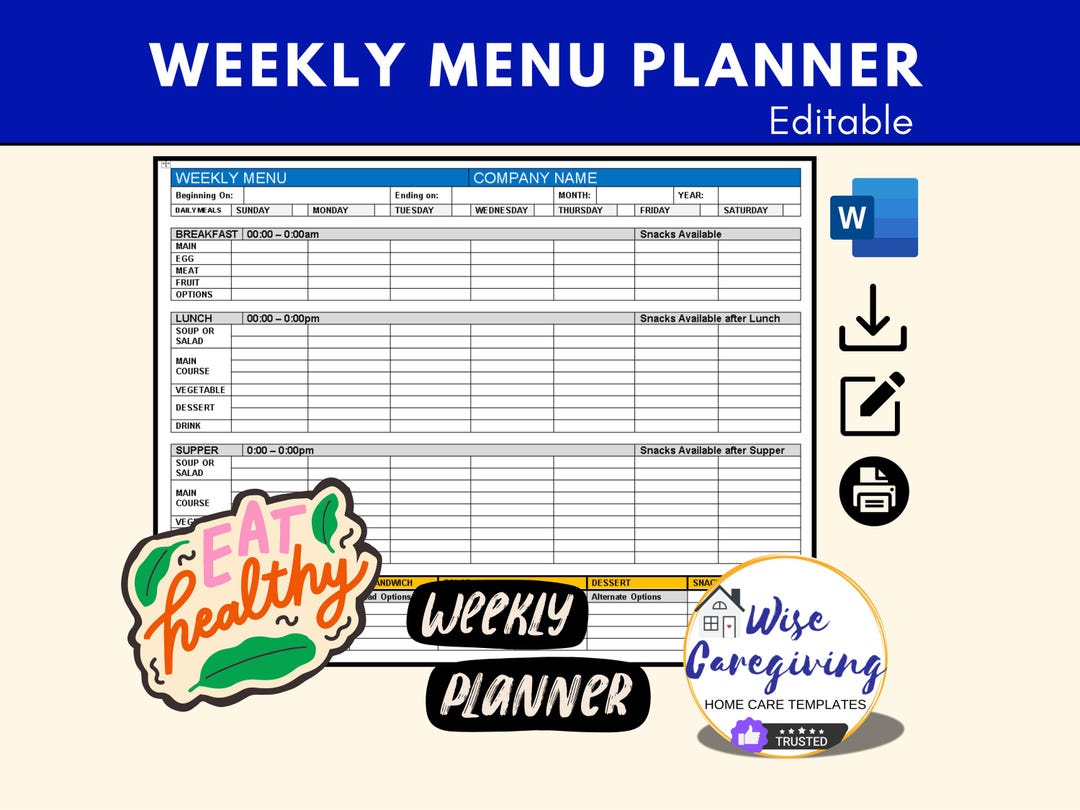 Weekly Menu Planner Template: Editable Home Care Planning (MS Word) - Etsy