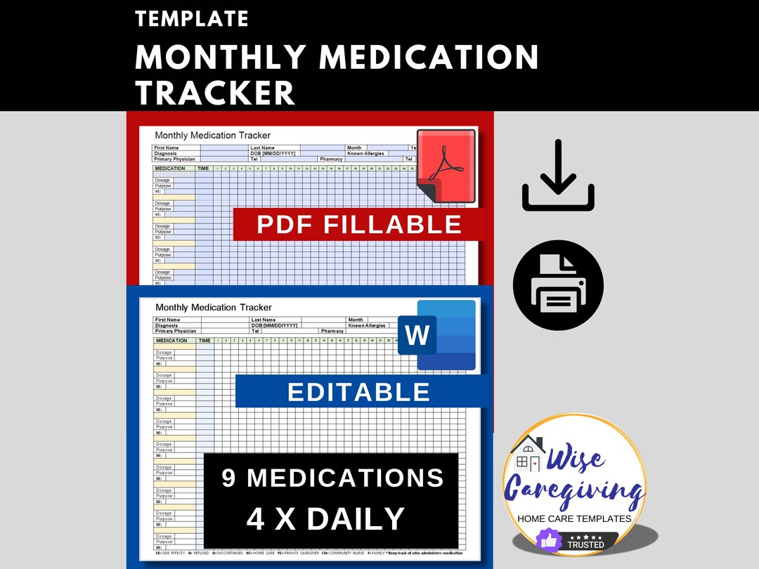 Monthly Medication Tracker Template, Fillable Medication Chart, Medical ...