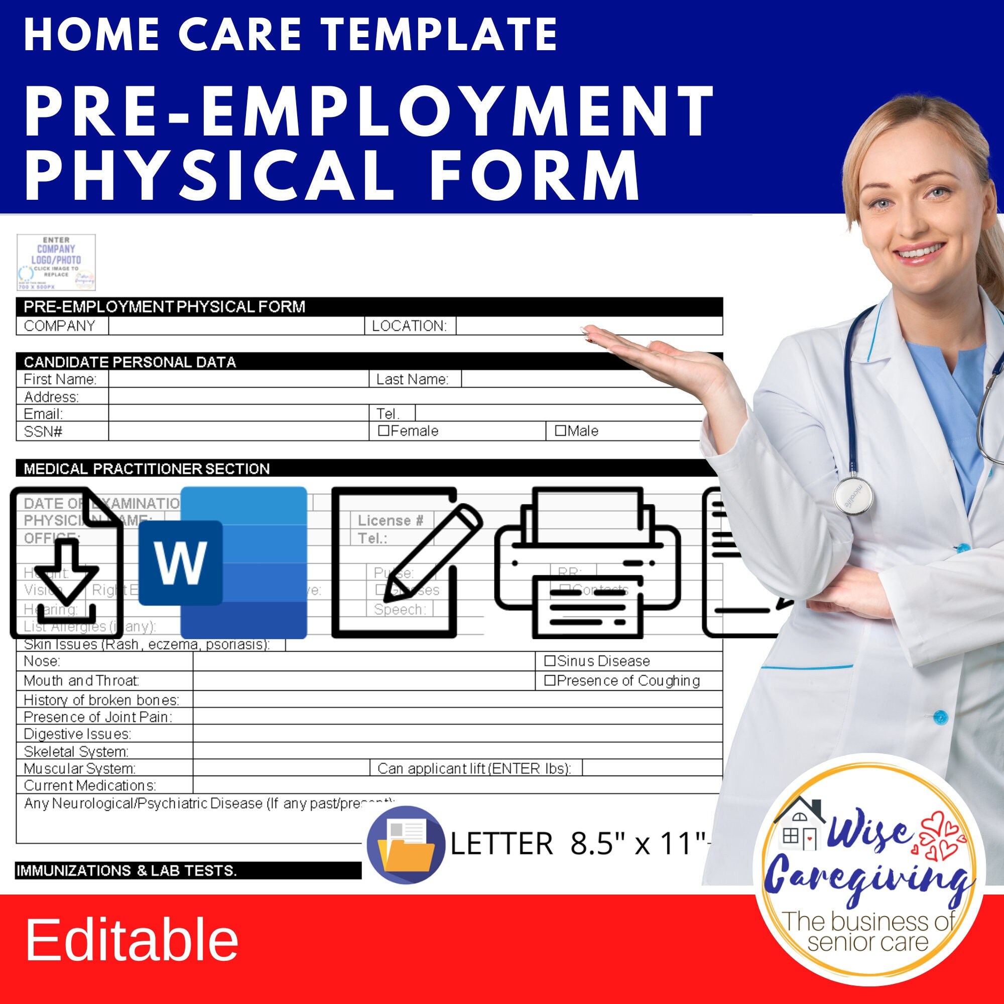 Home Care Pre Employment Physical Form Template Caregiver - Etsy