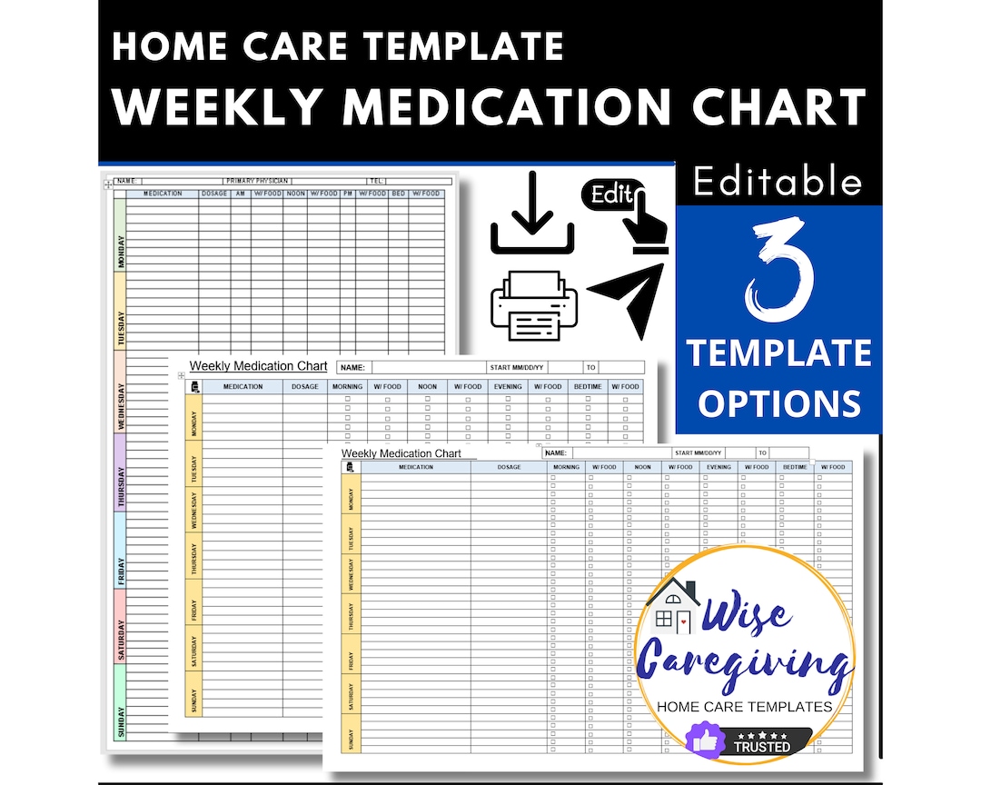 Weekly Medication Chart Templates, up to 9 Daily Medication Slots, Home ...