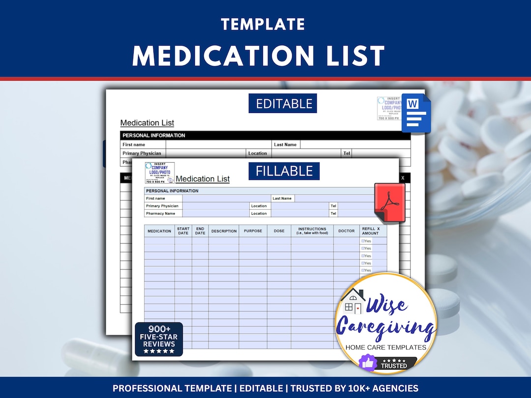 Home Care Medication List Template: Fillable PDF & MS Word Document ...