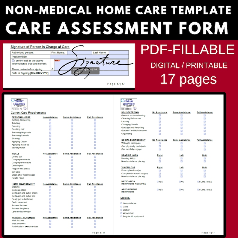 Home Care Client Assessment Form: Fillable and Editable Version | Non ...