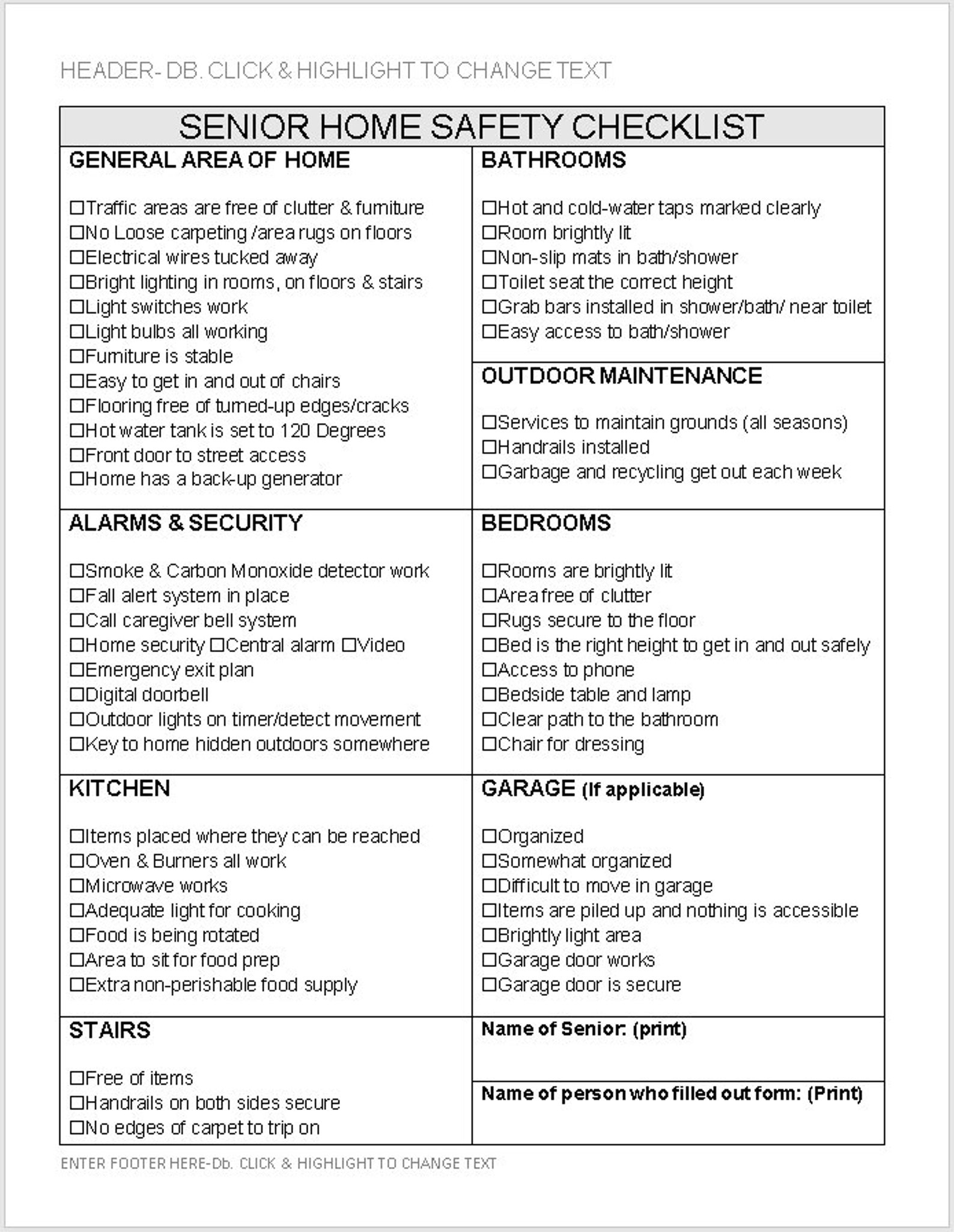 Senior Home Safety Checklist-Professional Senior Care Form | Etsy