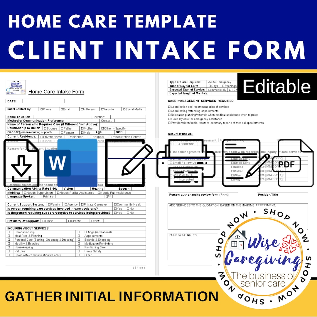 Home Care Client Intake Form Initial Quick Non Medical - Etsy Canada