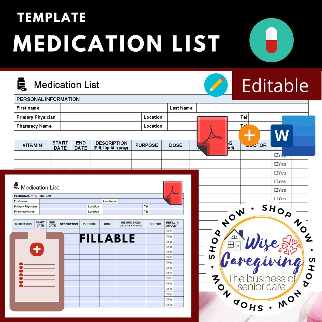 Medication List Template PDF Fillable Medication List - Etsy