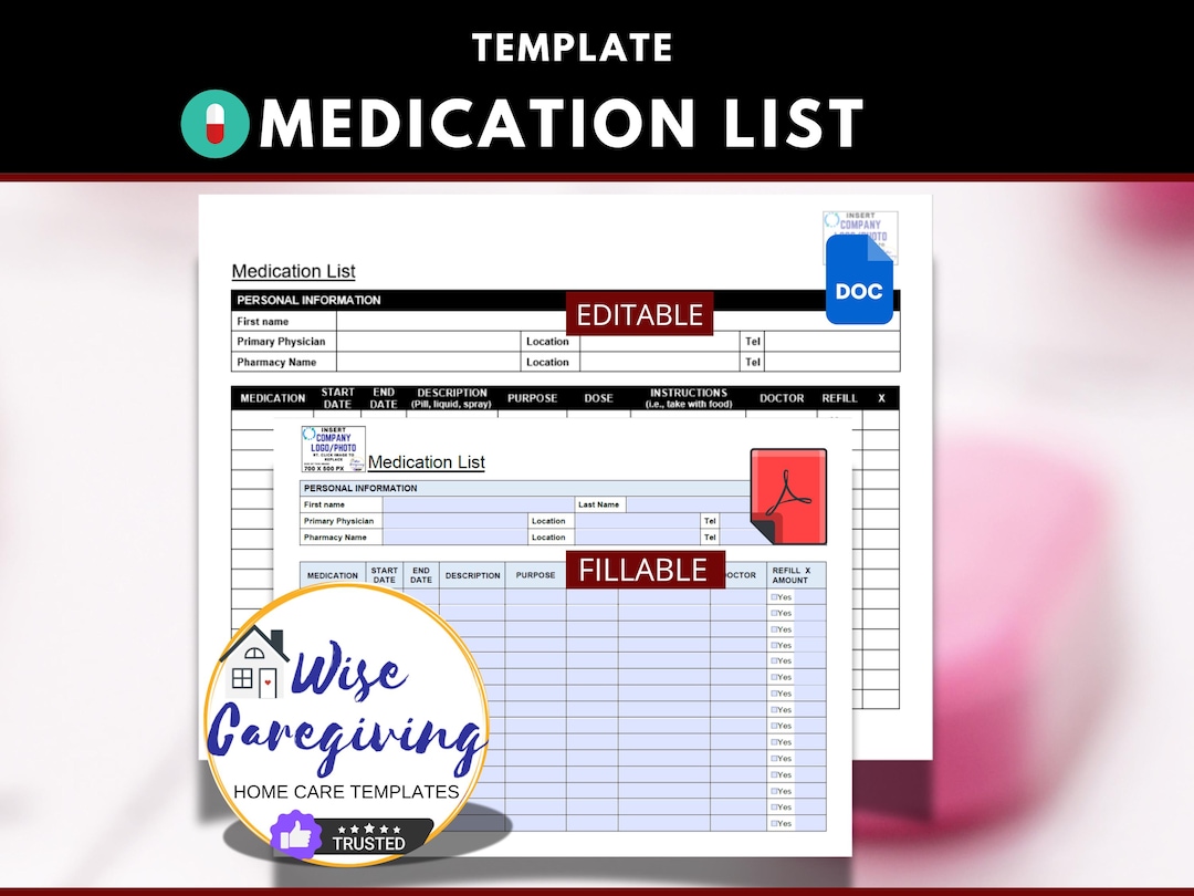 Monitor Meds Effectively | Medication List Template, Fillable PDF & MS ...