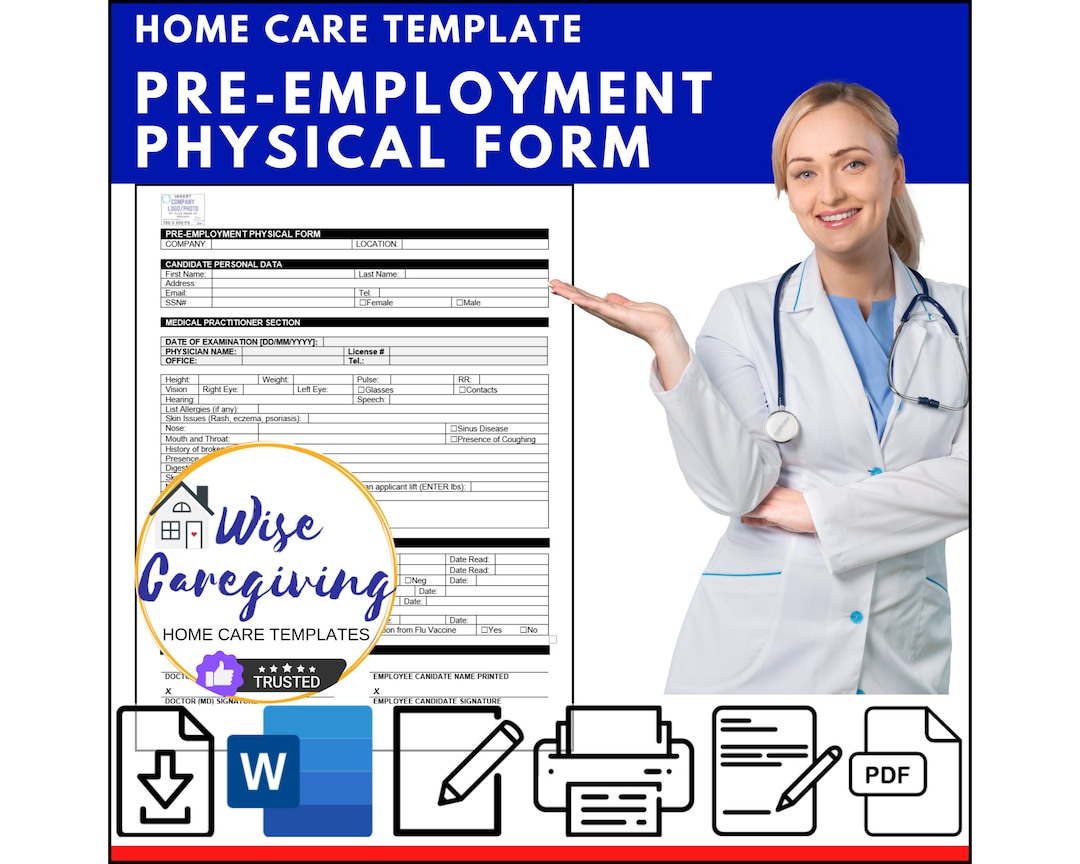 Home Care Pre Employment Physical Form Template, Caregiver Candidate ...
