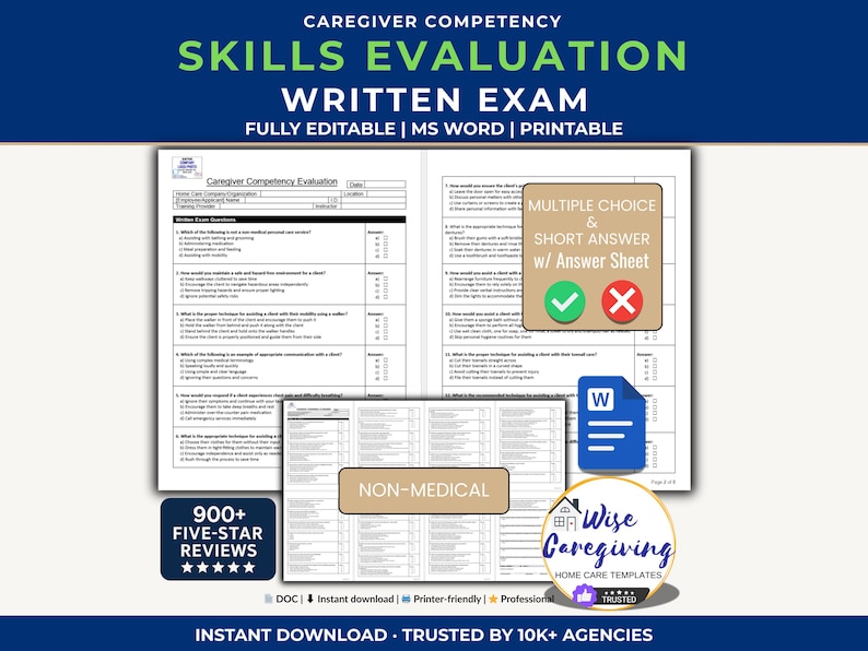 Home Care Skills Caregiver Competency Evaluation: Written Exam & Answer ...
