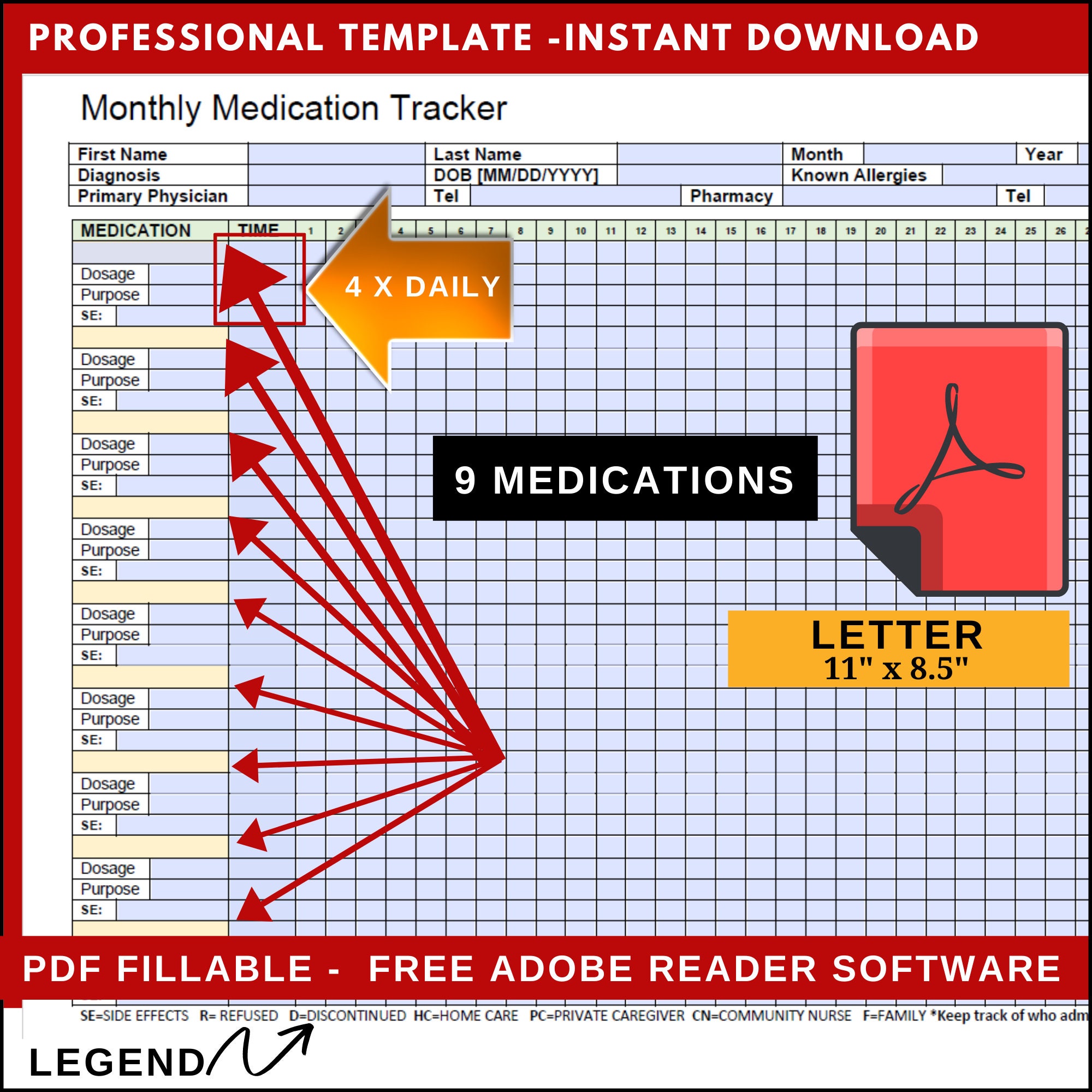 Monthly Medication Tracker Template, Fillable Medication Chart, Home ...